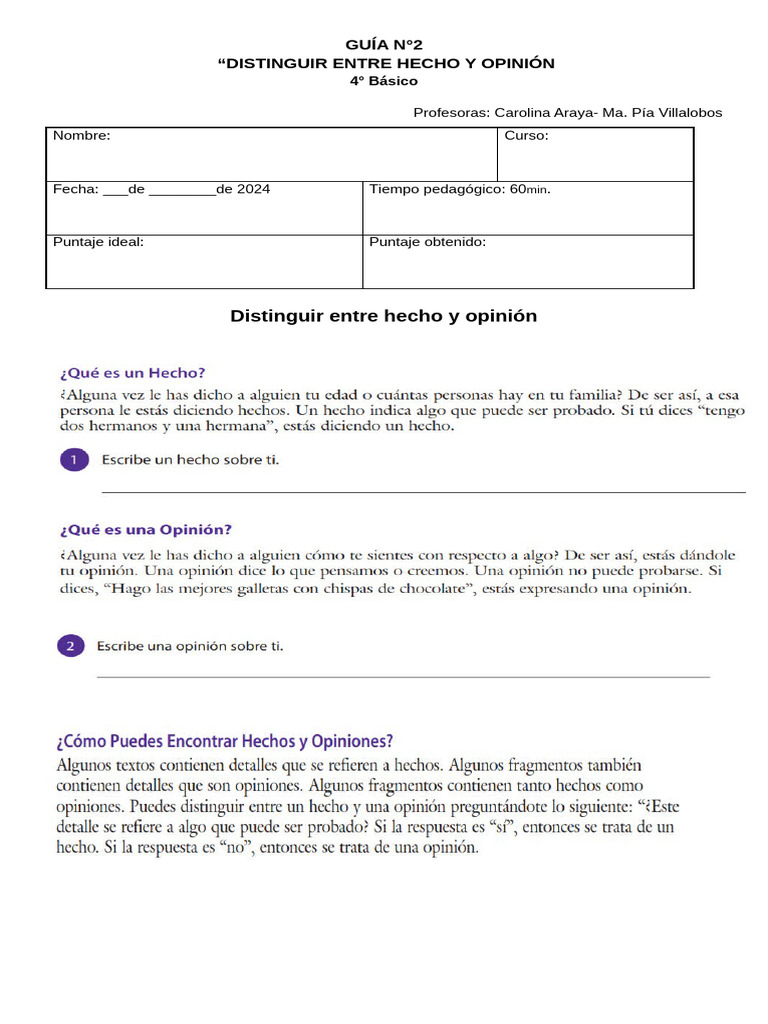 Guia N°2 Distinguir Entre Hecho y Opinión | PDF