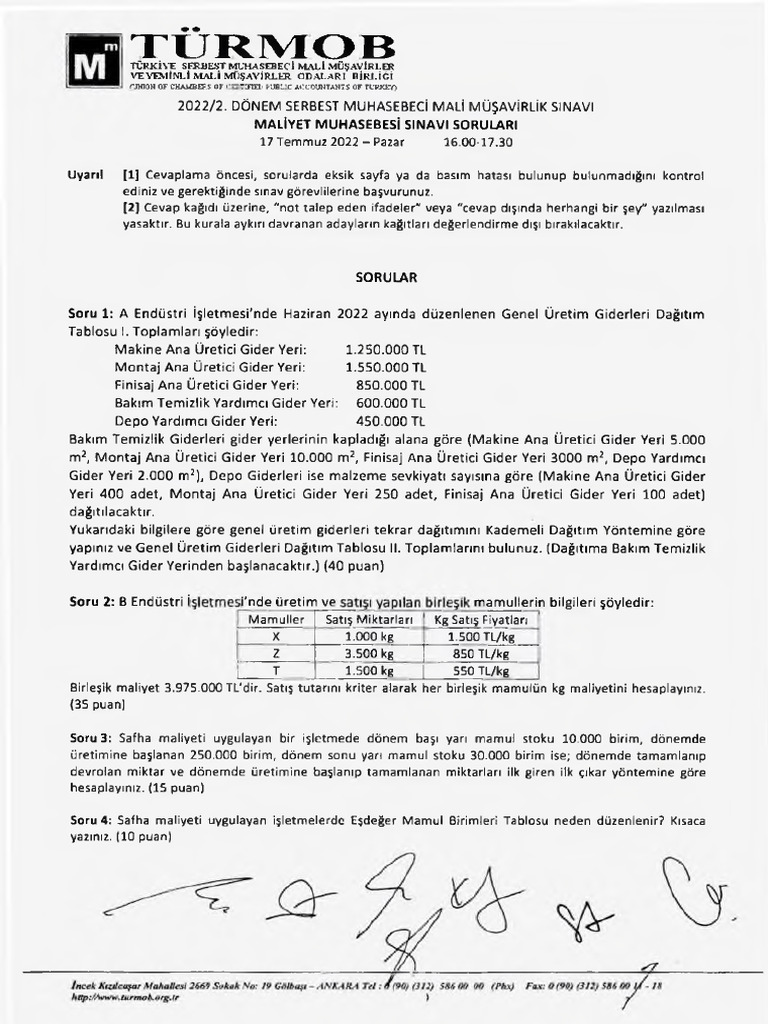 SMMM Yeterlilik Sinavi 2022 2 Maliyet Muhasebesi | PDF