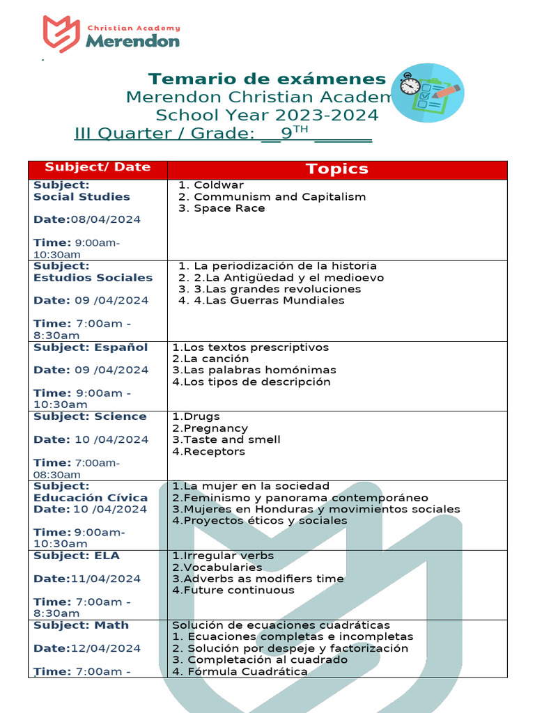Formato_De_Temario_9th_grade_para_revision completo | PDF