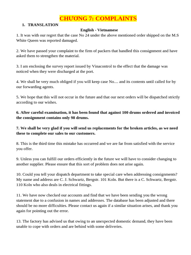 BT Chương 7 - Complaints | PDF