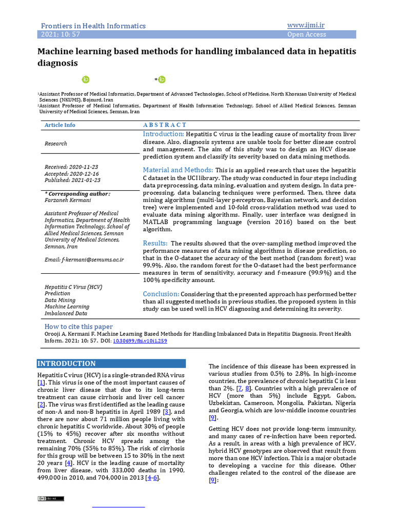 13-Machine Learning Based Methods For Handling Imbalanced Data in Hepatitis | PDF