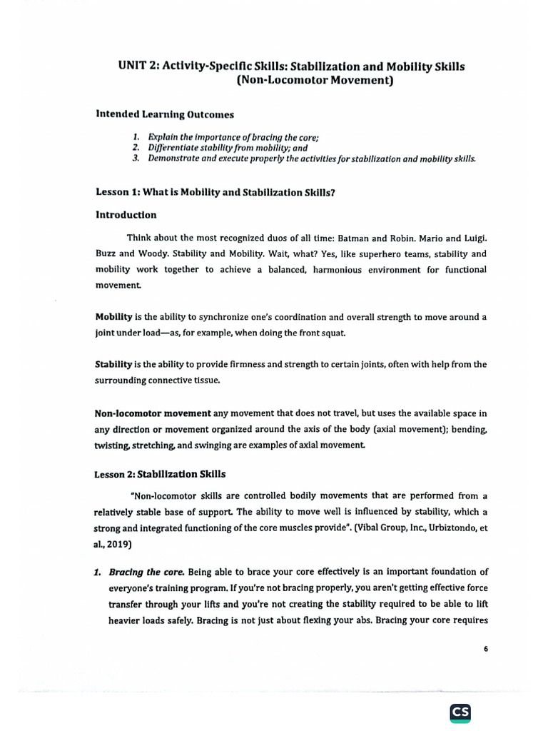 Unit 2 Stabilization and Mobility Skills Non Locomotor Movement | PDF