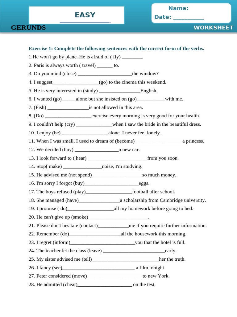 Gerunds - Worksheet 1 | PDF