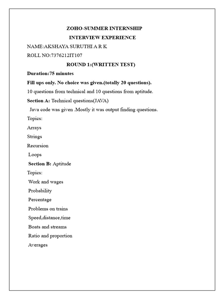 ZOHO Interview Experience | PDF