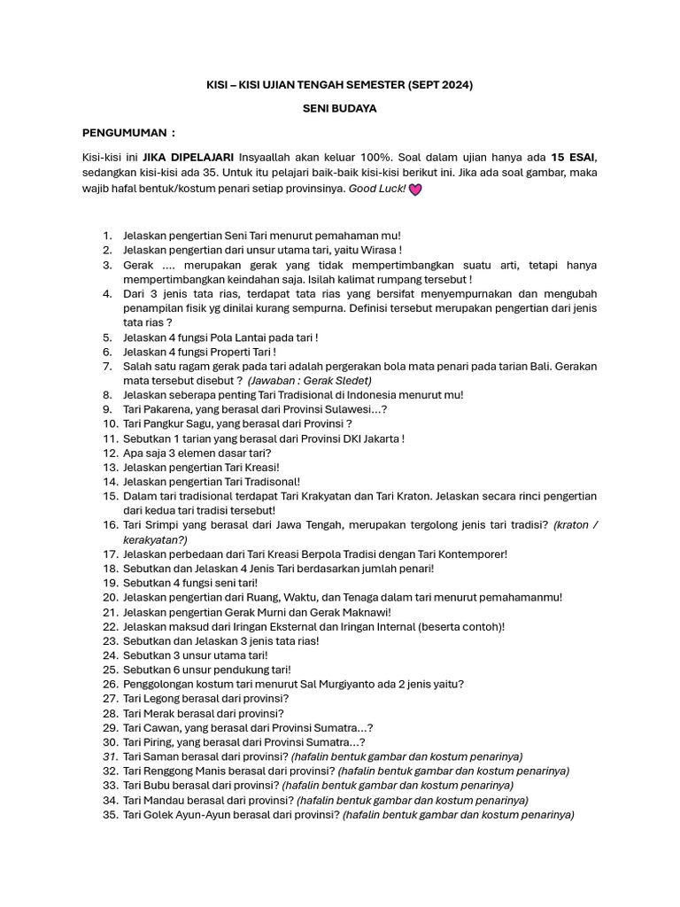 KISI - KISI SENI BUDAYA UTS 2024 (SEPT 2024) | PDF