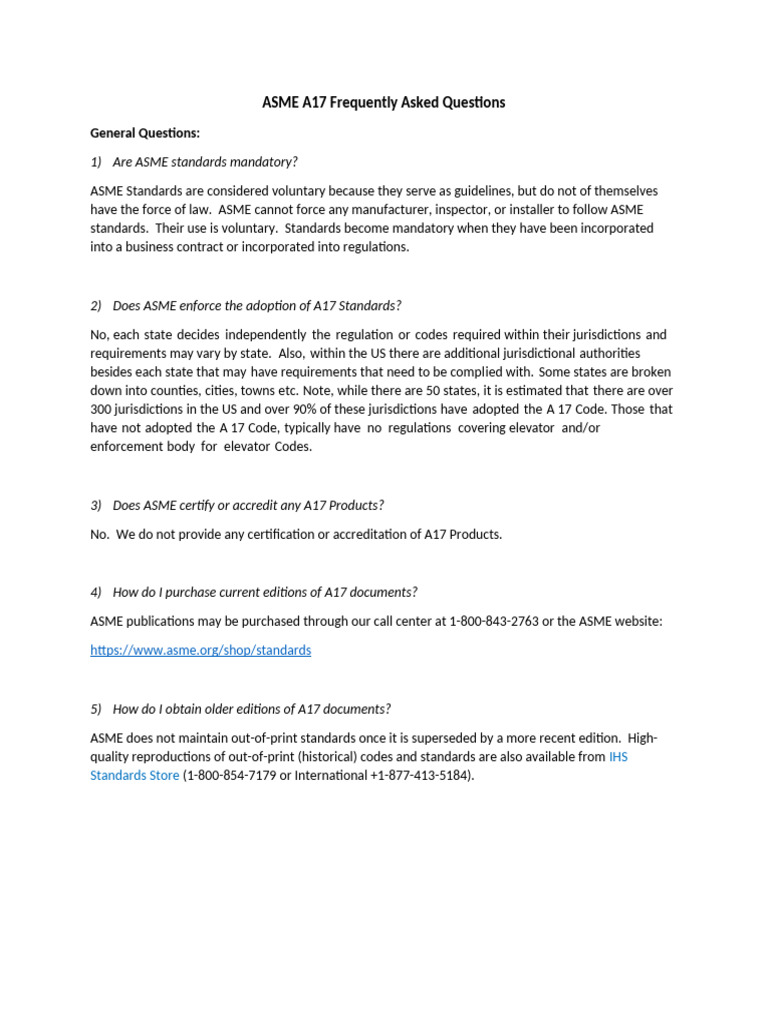 ASME A17 Frequently Asked Questions: 1) Are ASME Standards Mandatory? | PDF