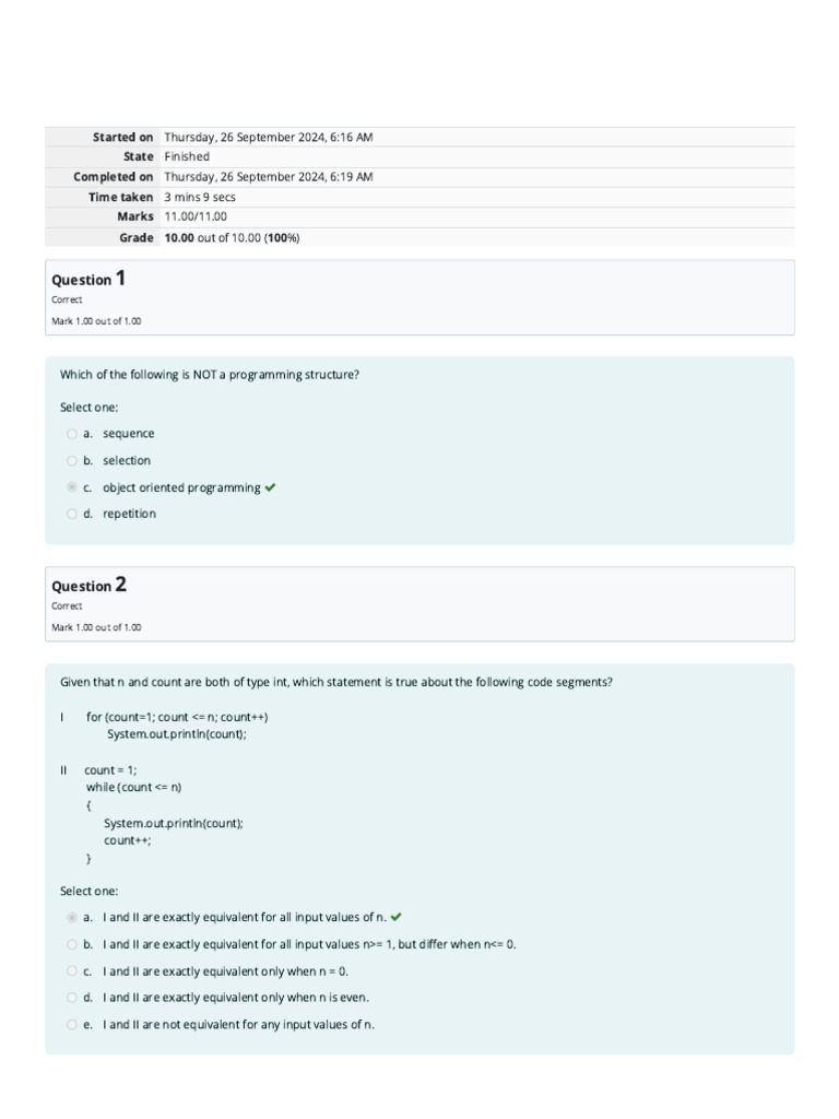 Self-Quiz 1_ Control structures (if, do, while, and for) | PDF