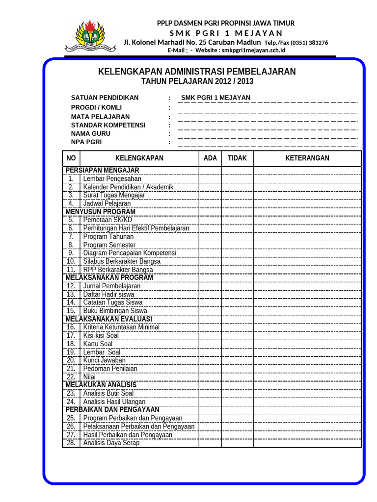 Contoh KBM SMK PGRI 1 Mejayan 2012-2013 (19-08-2012) | PDF