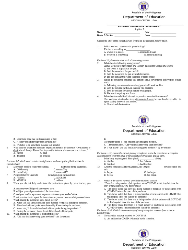 Diagnostic Assessment Tool in English - Grade 7 | PDF