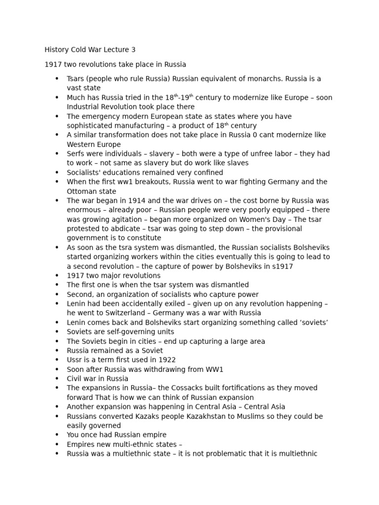 History Cold War Lecture 3 | PDF | Vladimir Lenin | Bolsheviks