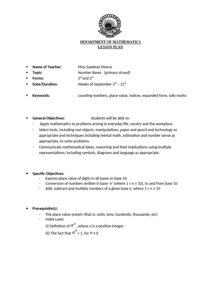 Lesson plan on Number Bases - Grade 8 | PDF