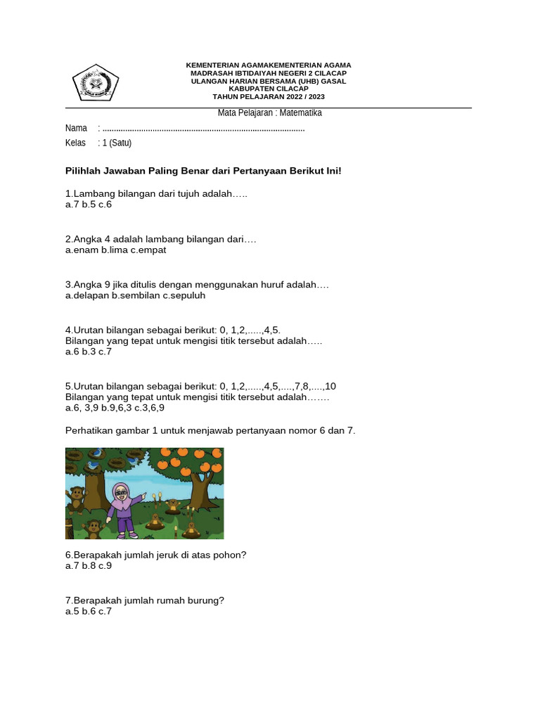 SOAL UHB KLS 1 MTK - Genap - 2023 | PDF