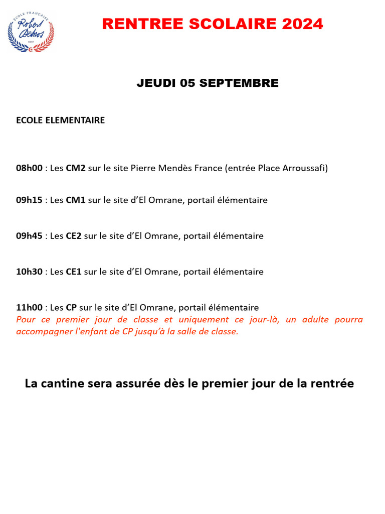 Horaires Rentree 2024 de Lelementaire CP A CM2 | PDF