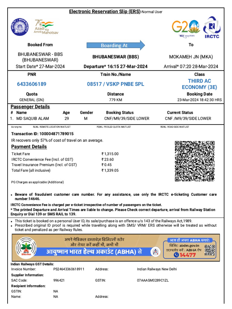 VSKP Pnbe SPL Third Ac Economy (3E) | PDF