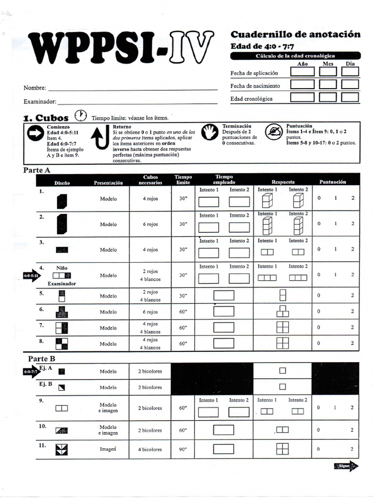 Cuadernillo de Anotación - Edad 4 A 0 M - 7 A 7 M - Wppsi IV | PDF