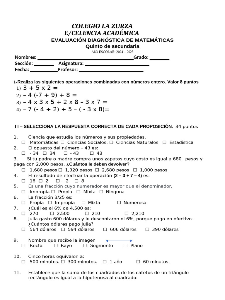 EVALUACIÓN DIAGNÓSTICA DE MATEMÁTICAS 5to 2024 | PDF
