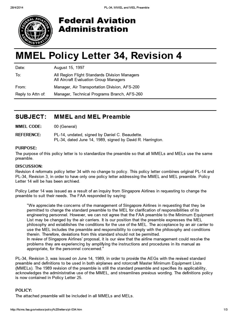 PL-34, MMEL and MEL Preamble | PDF