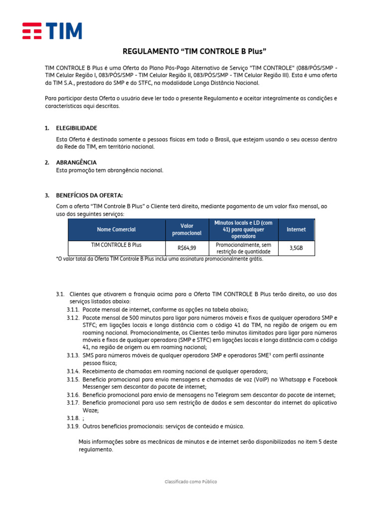 Regulamento TIM Controle B Plus | PDF