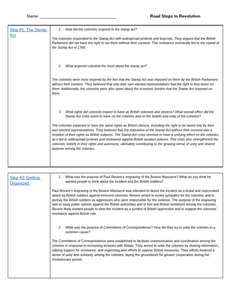 Road To Revolution Handout | PDF