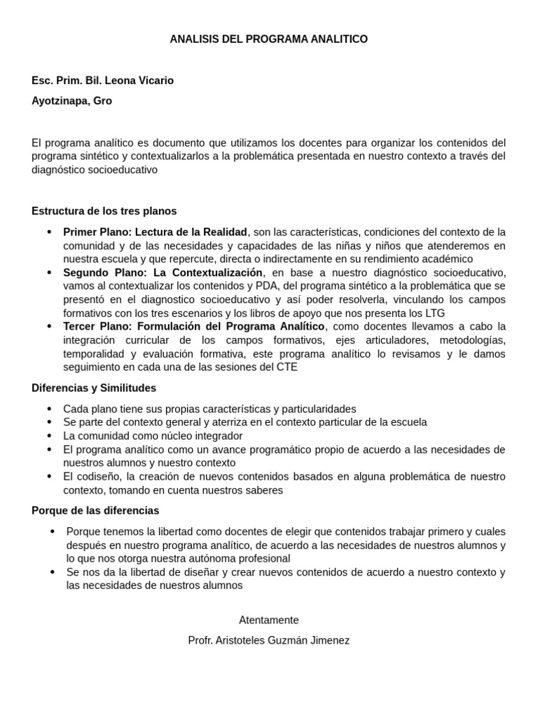 Analisis Del Programa Analitico | PDF