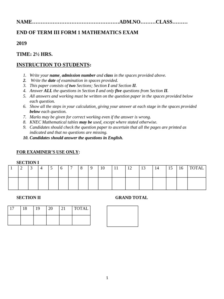 Mathematics Form 1 End of Term 3 QP 2019 | PDF