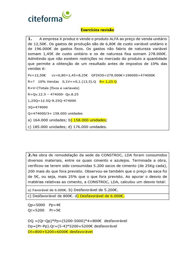 Exercícios Revisao Analise CVR - Desvios Solucoes | PDF