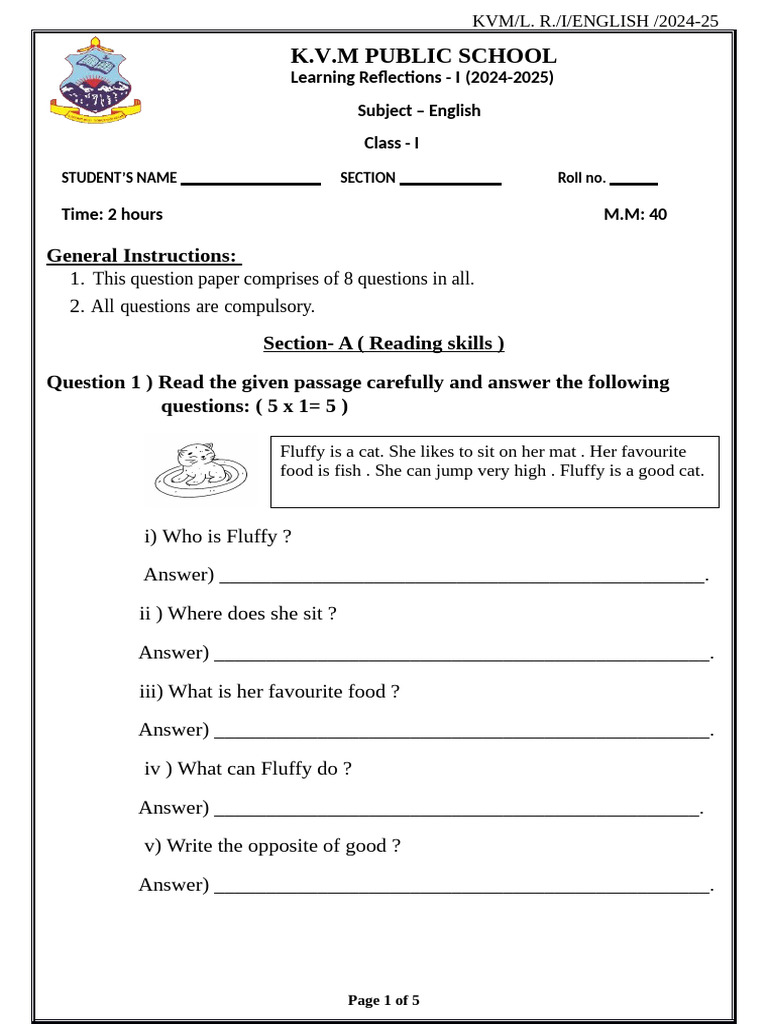 Eng Paper Class 1 | PDF