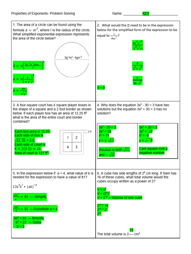 KEY-Properties of Exponents-Problem Solving | PDF