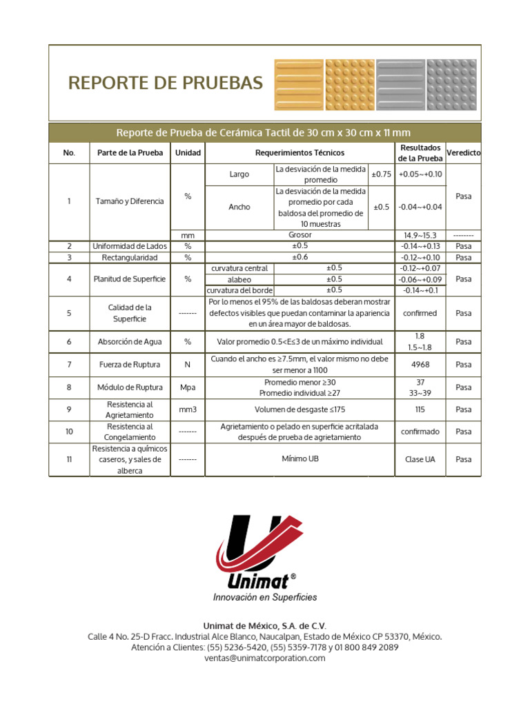 Ficha Técnica Piso Cerámico Táctil Color Amarillo y Gris (Unimat) | PDF