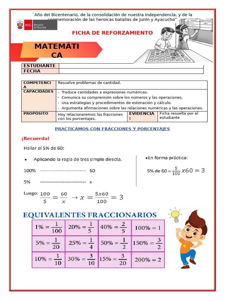 Reforzamiento-Mat-Practicamos Con Las Fracciones y Porcentajes | PDF