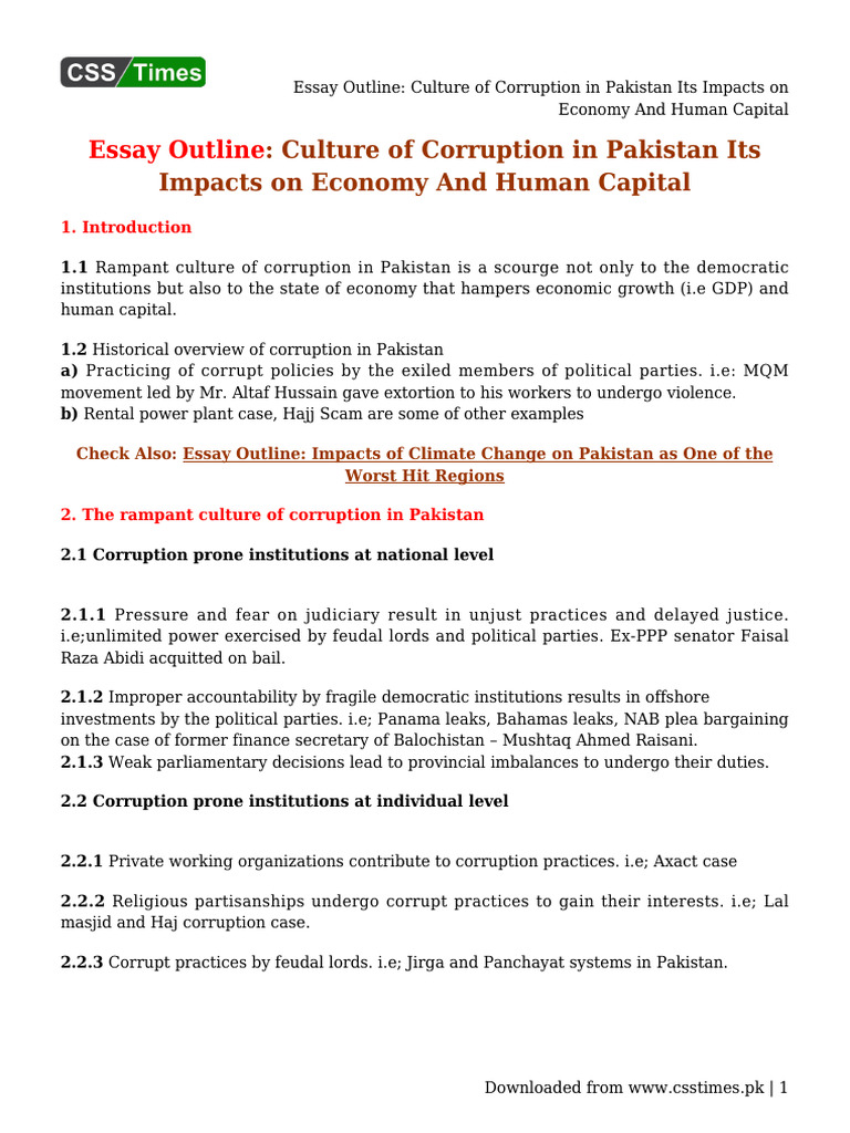 Essay Outline - Culture of Corruption in Pakistan Its Impacts On ...