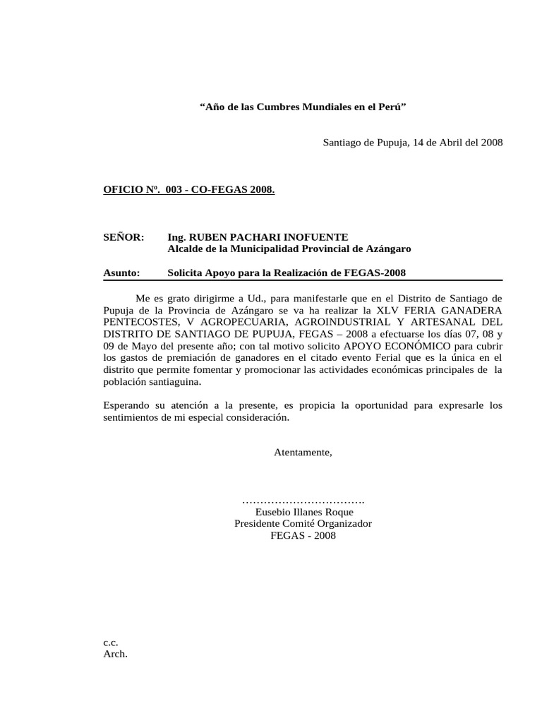 Oficio Pediendo APOYO | PDF