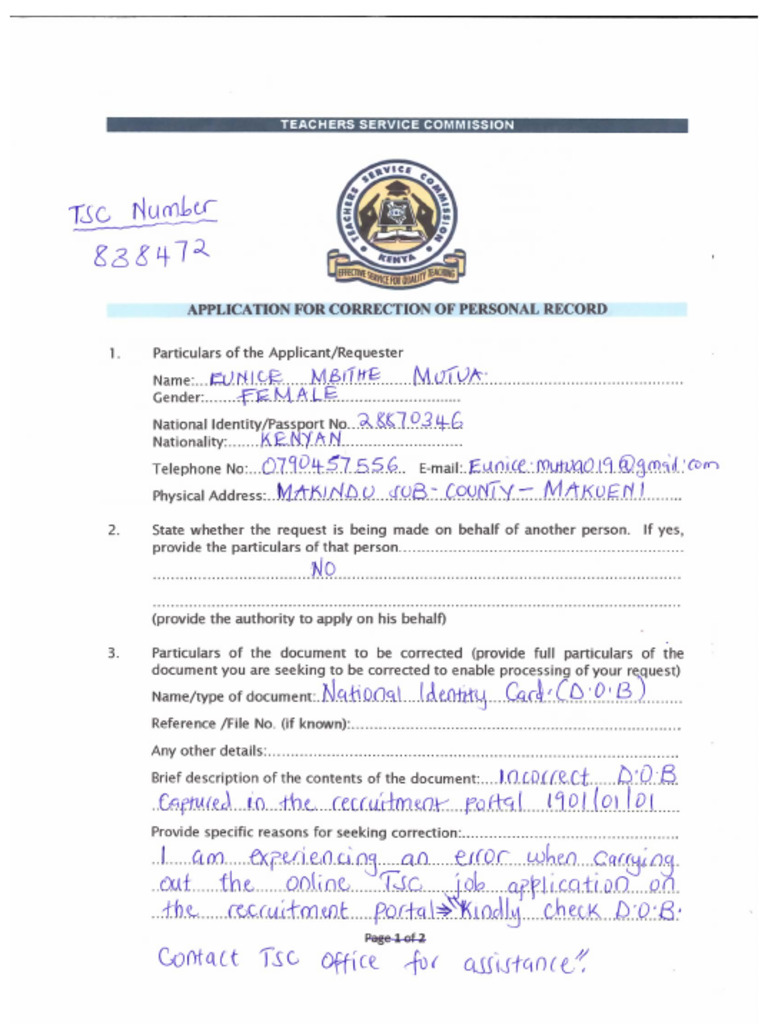 Application For Correction of Personal Record For Eunice Mutua 838472 | PDF