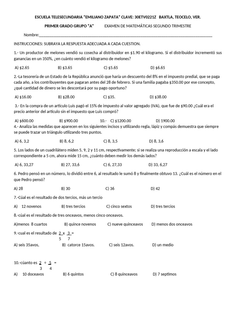Examen 2 Trim. Mate 1 A | PDF