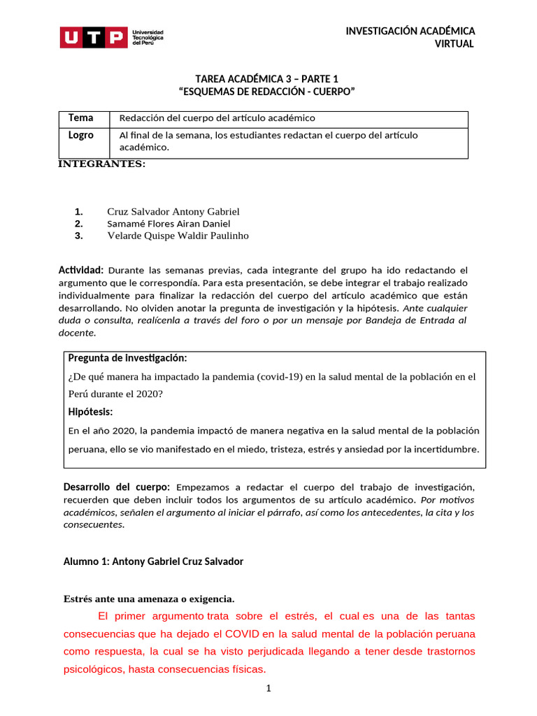 Semana 14 - Tarea Académica 3 - Parte 1 - Esquema de Redacción - Cuerpo. | PDF