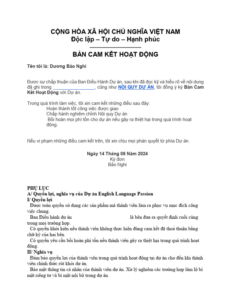 BẢN CAM KẾT - BẢO NGHI | PDF