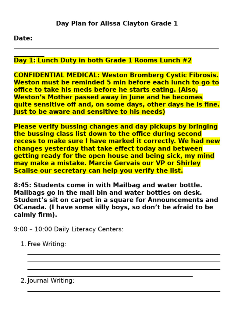 Day Plan For Alissa Clayton Grade 1 2023 | PDF
