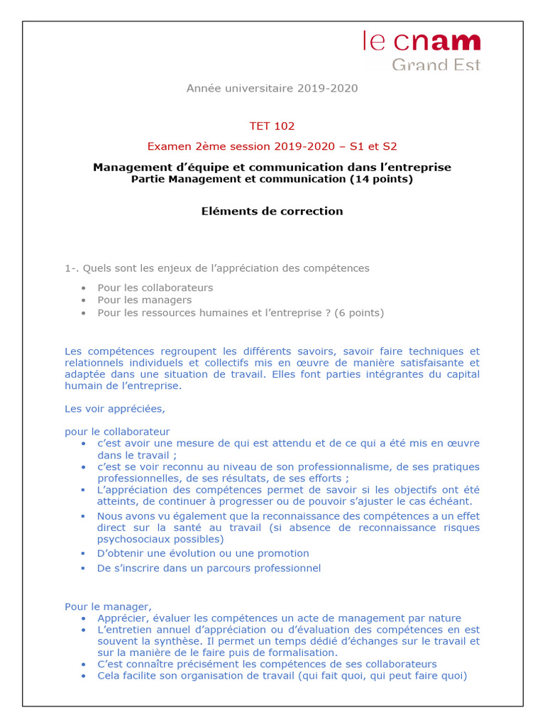 TET 102 Eléments de Correction Sujet 2ème Session 2019 2020 S1 Et S2 Management RH Et ...