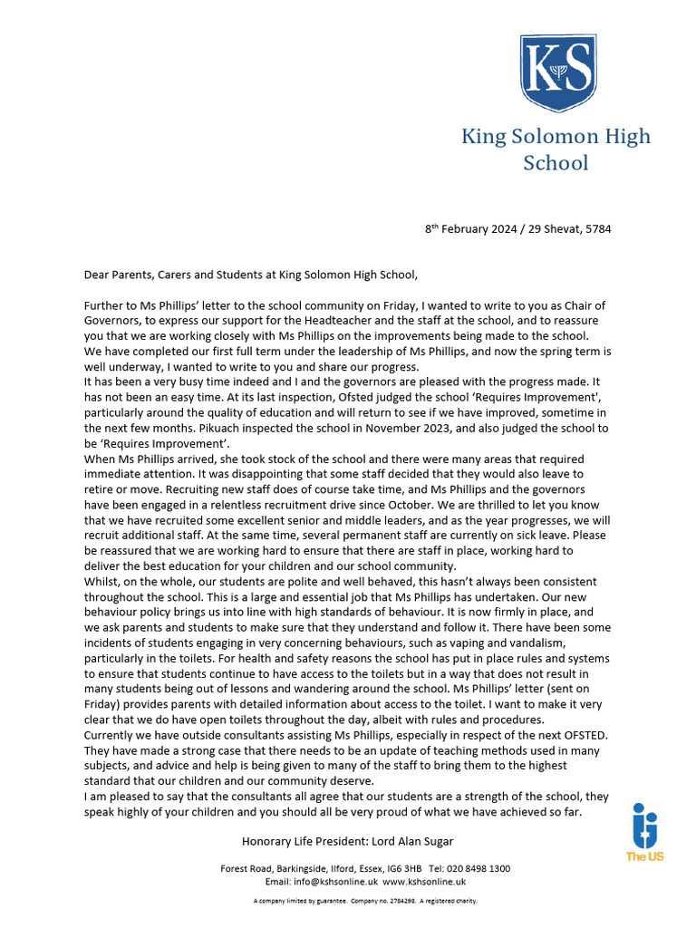 Chair of Governors Letter To Parents | PDF