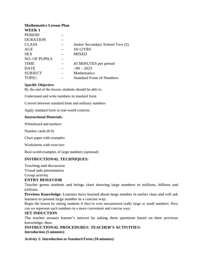 Mathematics Jss 2 Lesson Plan | PDF
