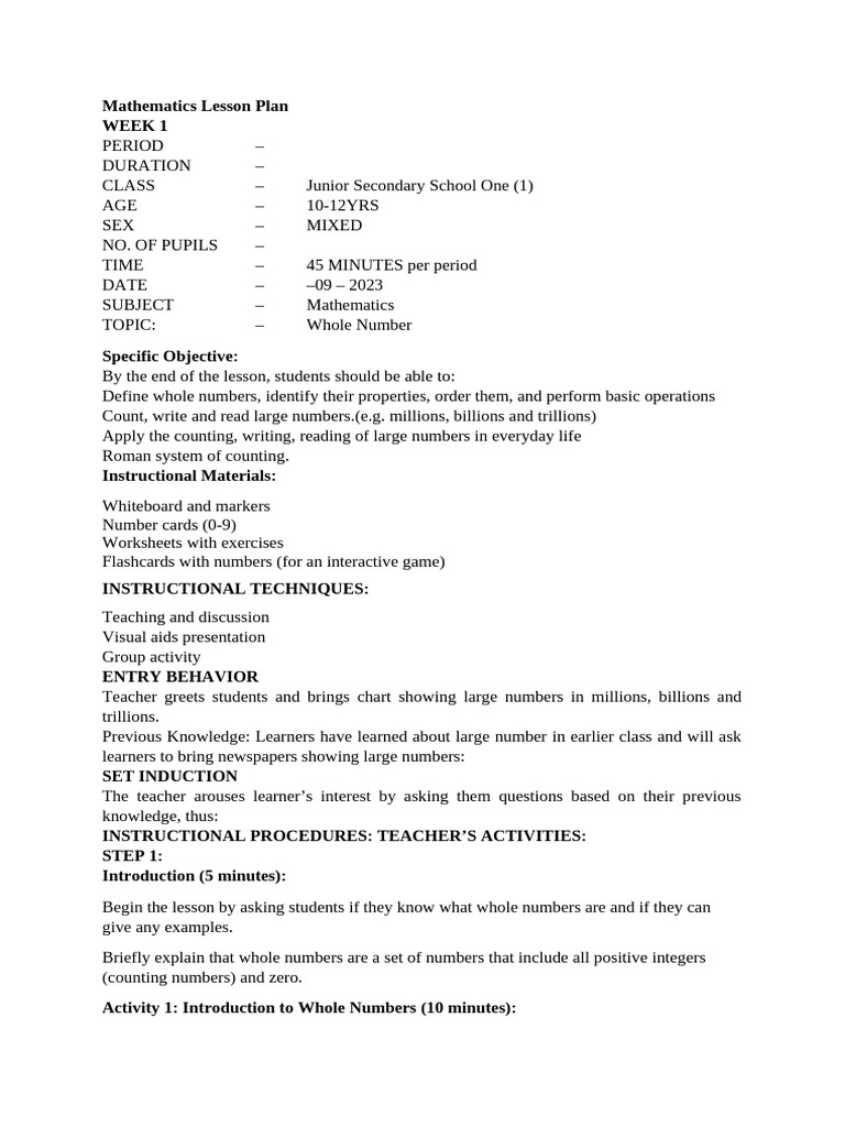 Mathematics Jss1 Lesson Plan | PDF