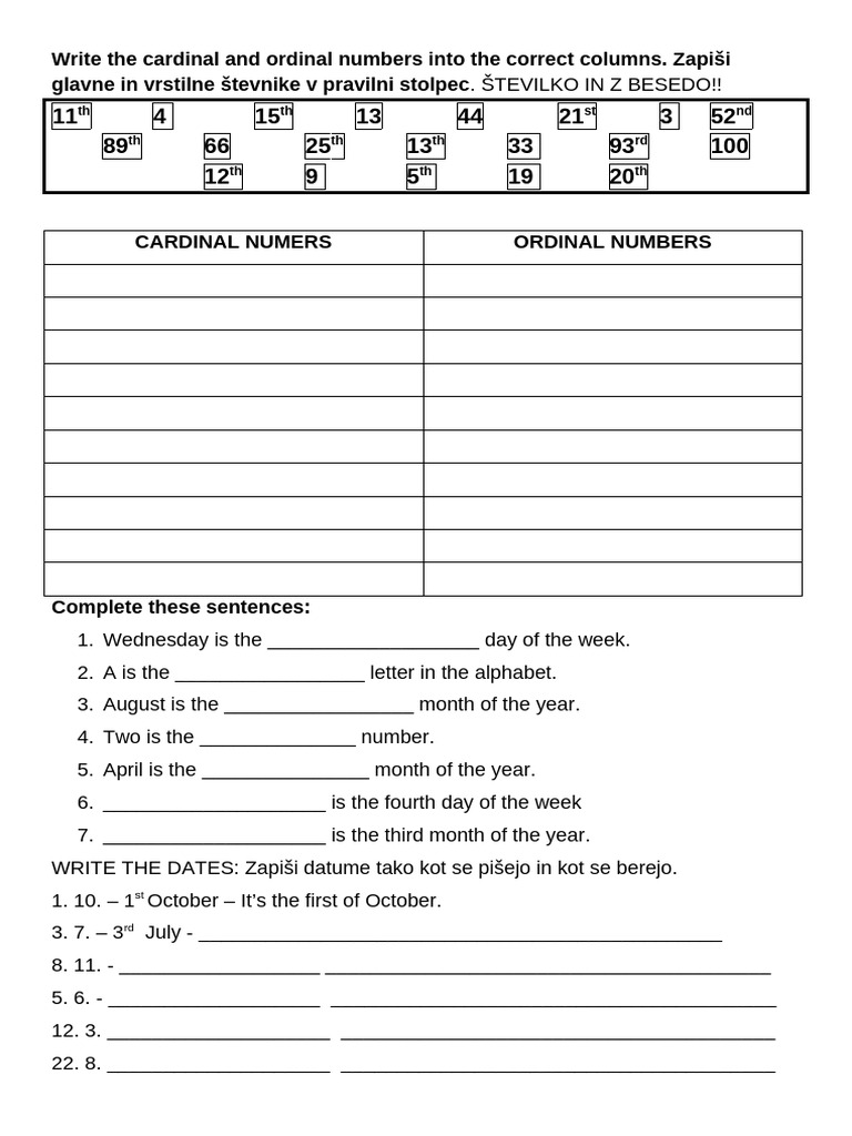 Ordinal Numbers Dates | PDF