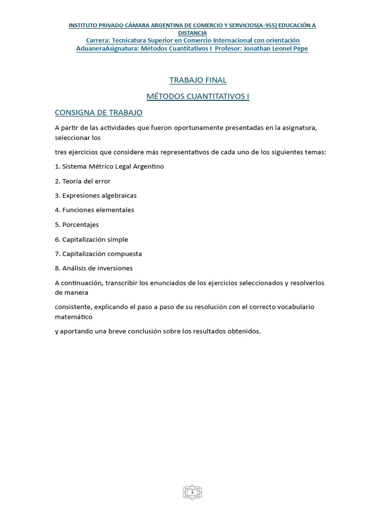 TP METODOS CUANTITATIVOS 1 FINAL INTEGRADOR | PDF