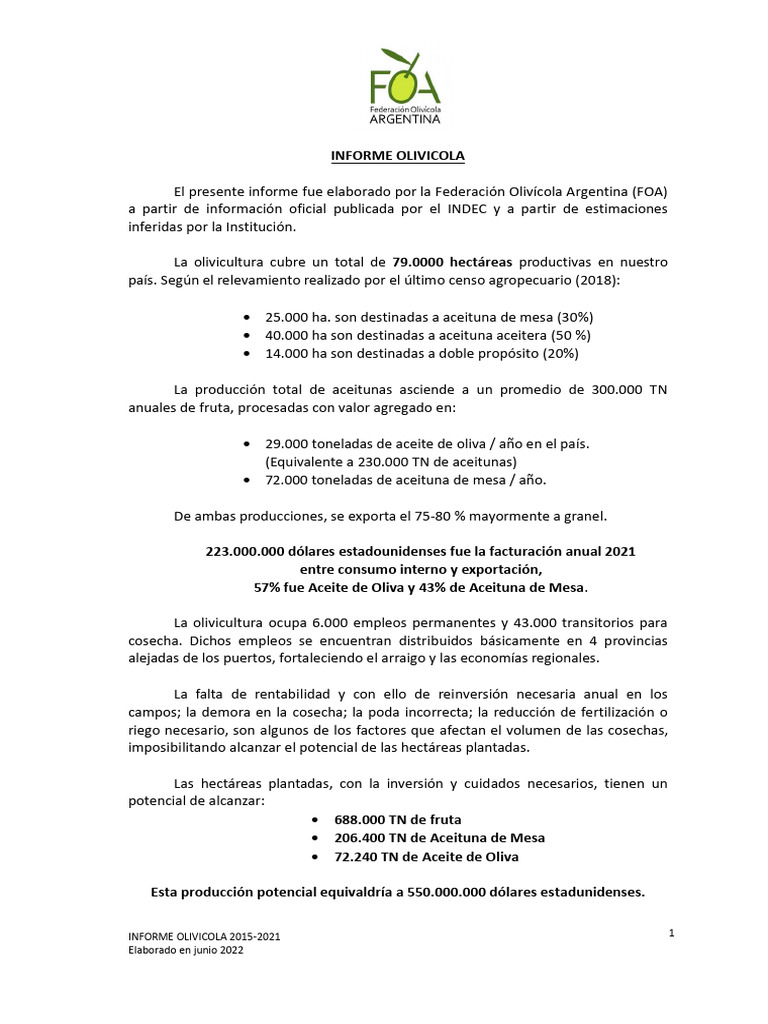 Informe Olivícola - 2021 - FOA | PDF