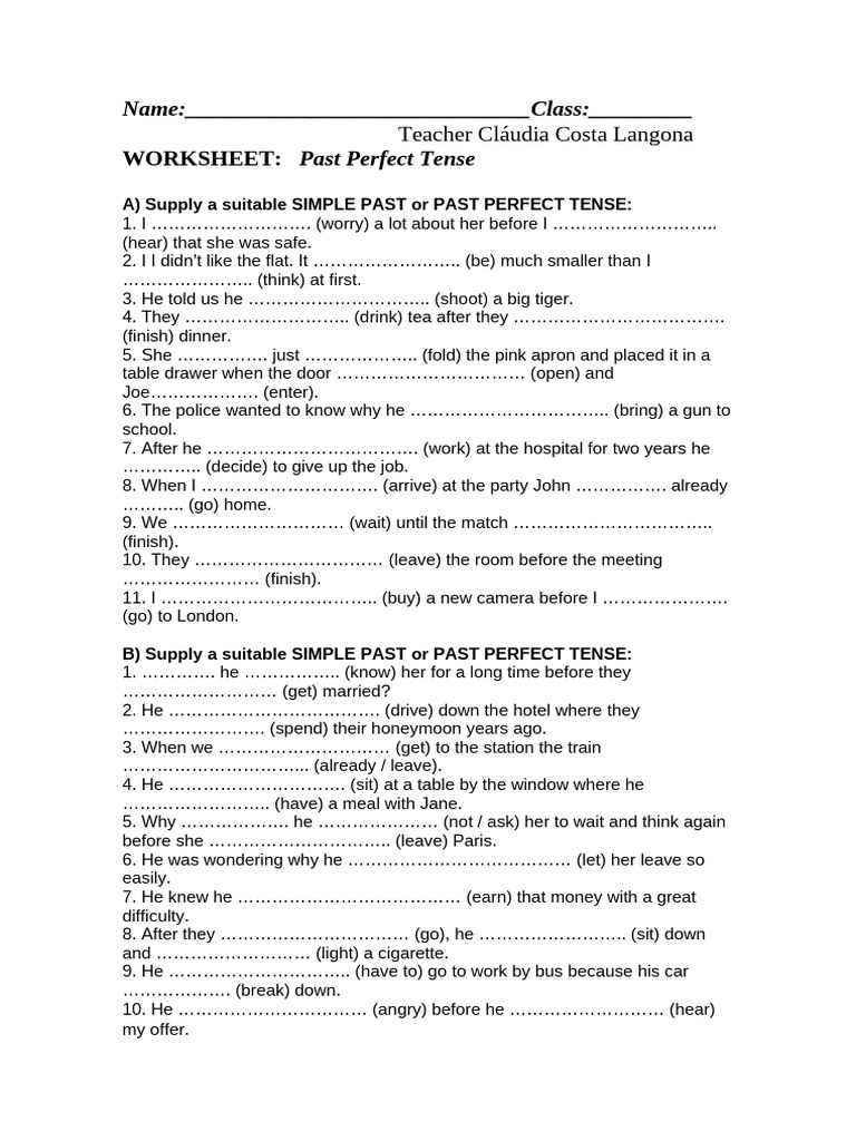 PAST PERFECT Worksheet | PDF