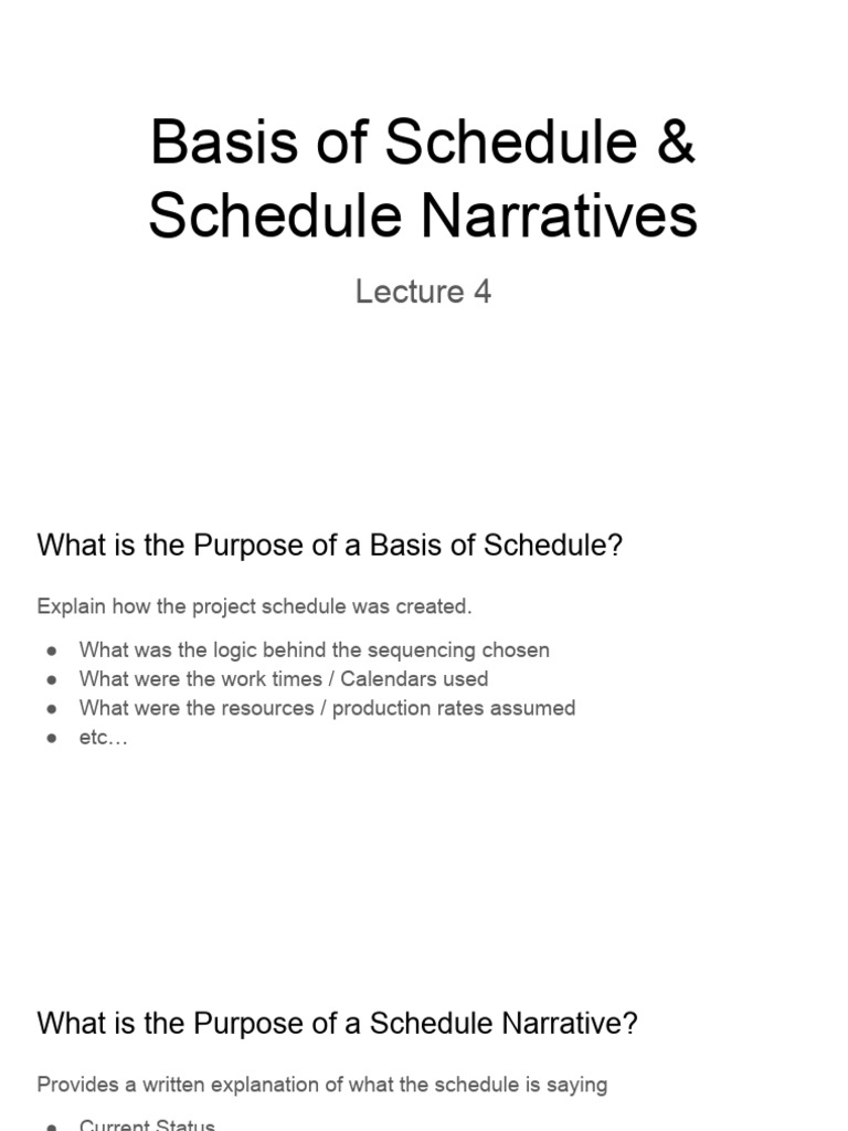 Lecture 4 - Basis of Schedule and Schedule Narratives | PDF