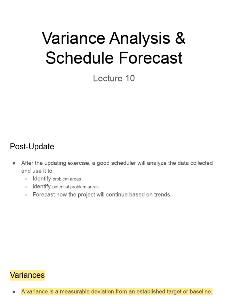 Lecture 10 - Variance Analysis & Schedule Forecast | PDF