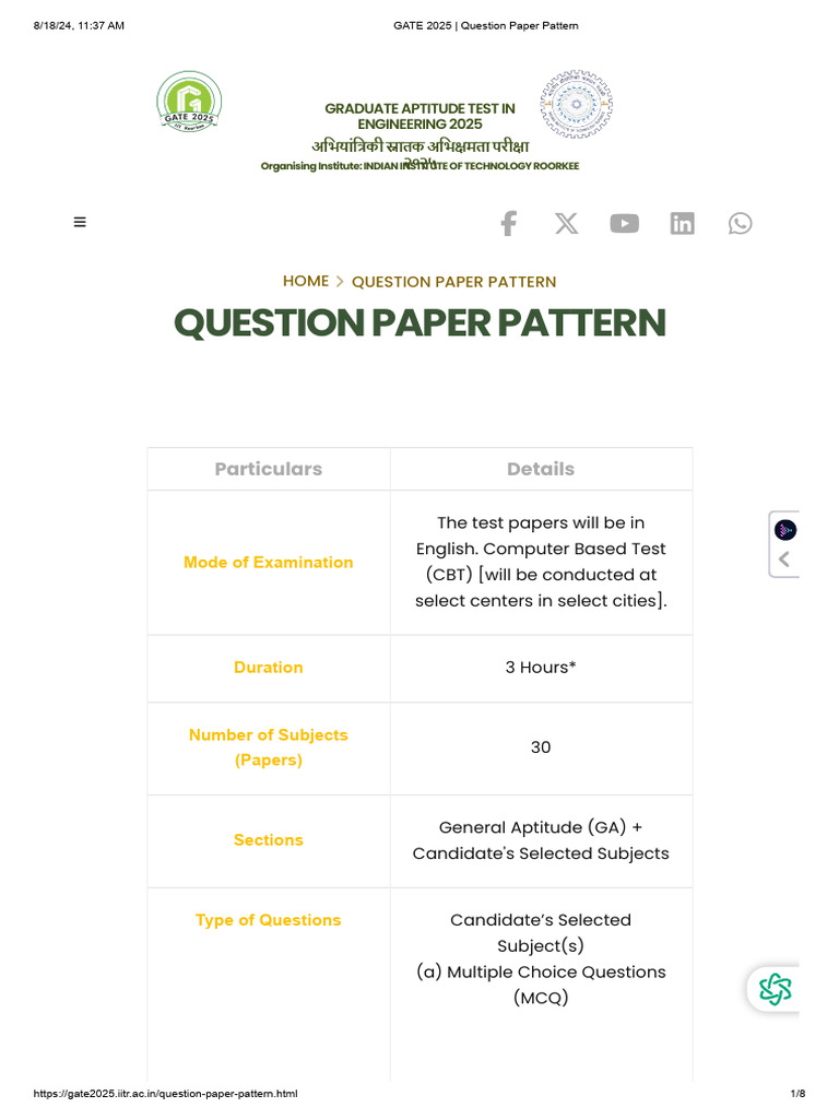 GATE 2025 - Question Paper Pattern | PDF | Qualifications | Educational ...