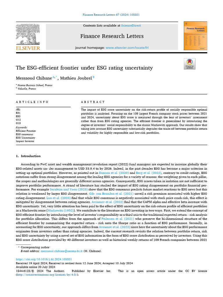 The ESG Efficient Frontier Under ESG Rating Uncer - 2024 - Finance Research Lett | PDF