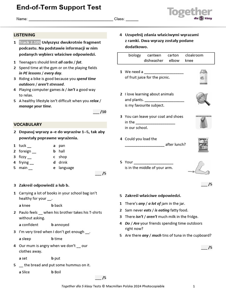 Together Klasa 5 Unit 1 Test PDF | PDF | Foods | Language Arts & Discipline